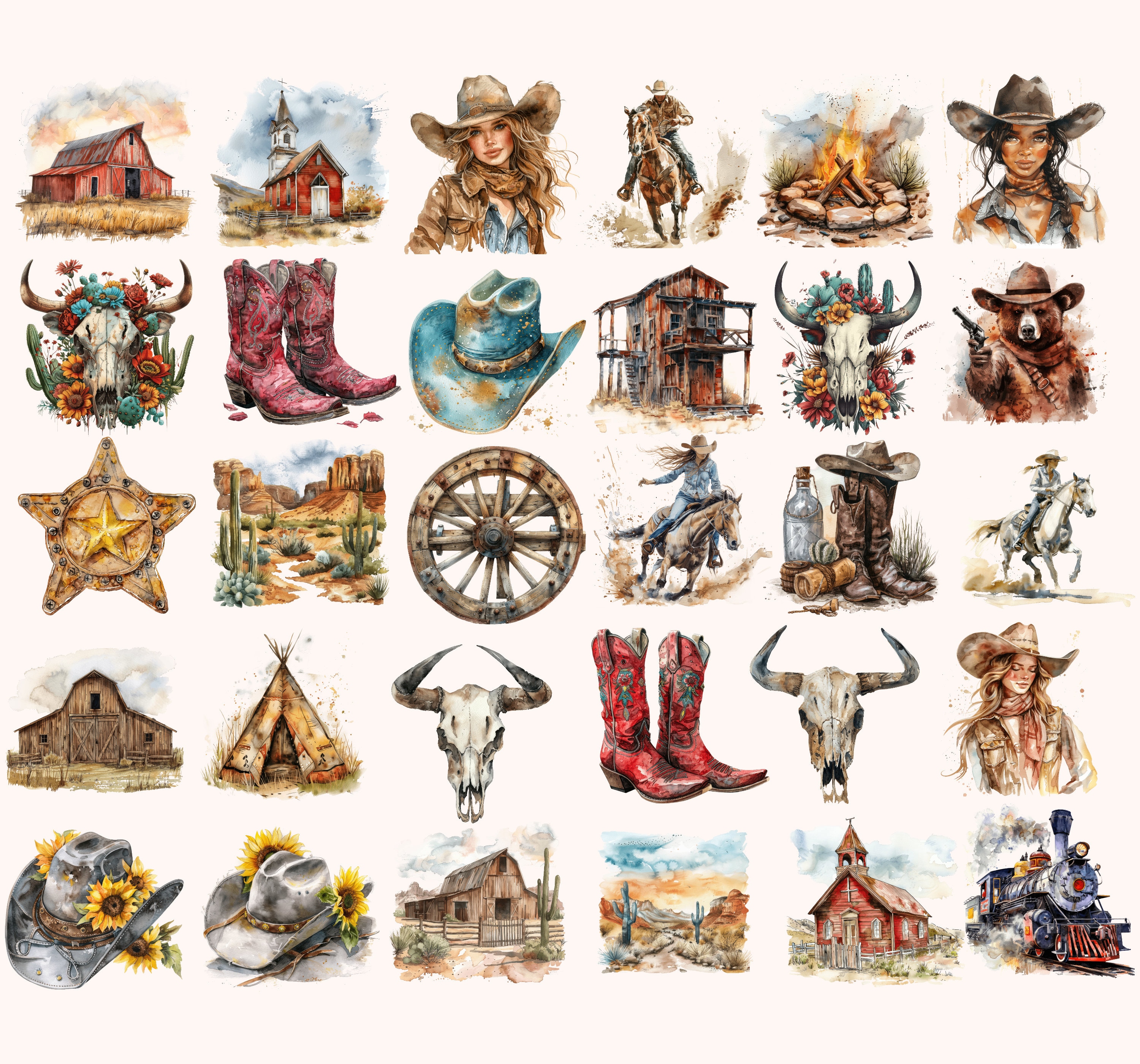 Western Watercolor Clipart, Cowboy Png Files in Texas, Transparent ...