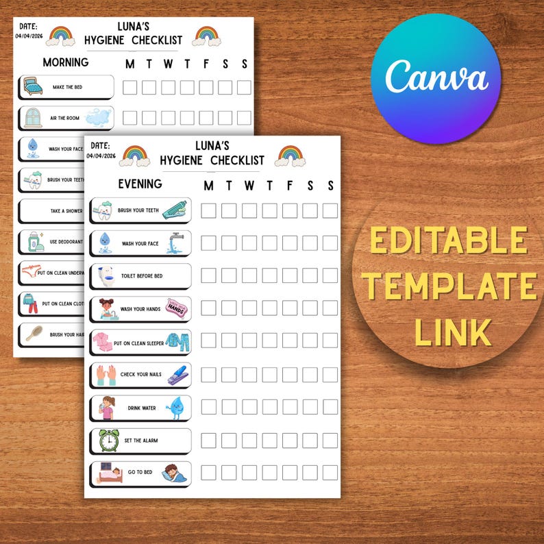 Kids Hygiene Tracker Chart Printable, Editable Morning & Evening ...