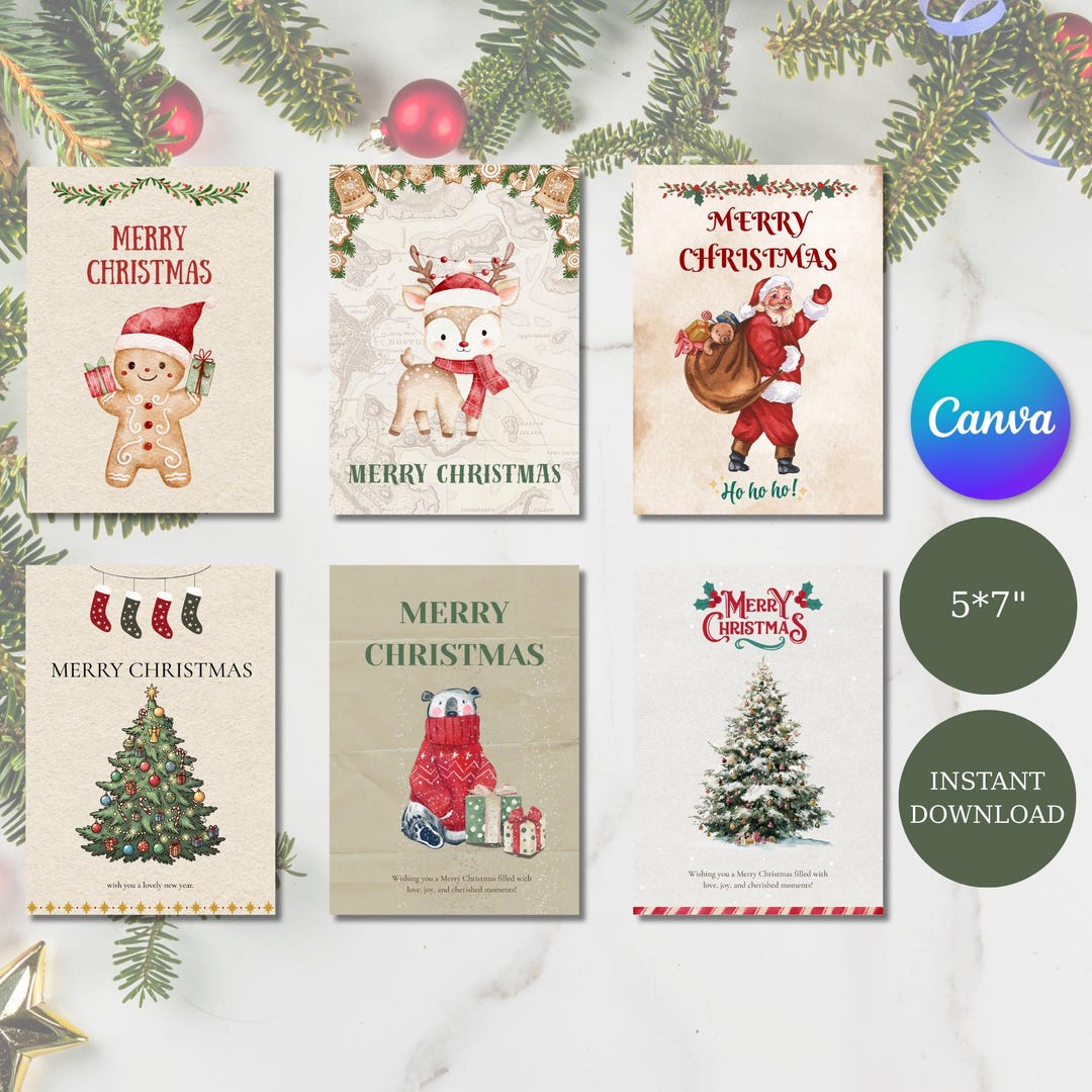 Printable Christmas Gift Card Bundle, Editable 5x7 Holiday Cards (PDF ...