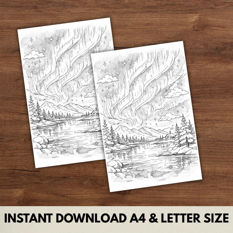 Northern Lights Coloring Page | Aurora Borealis Adult Coloring Page ...