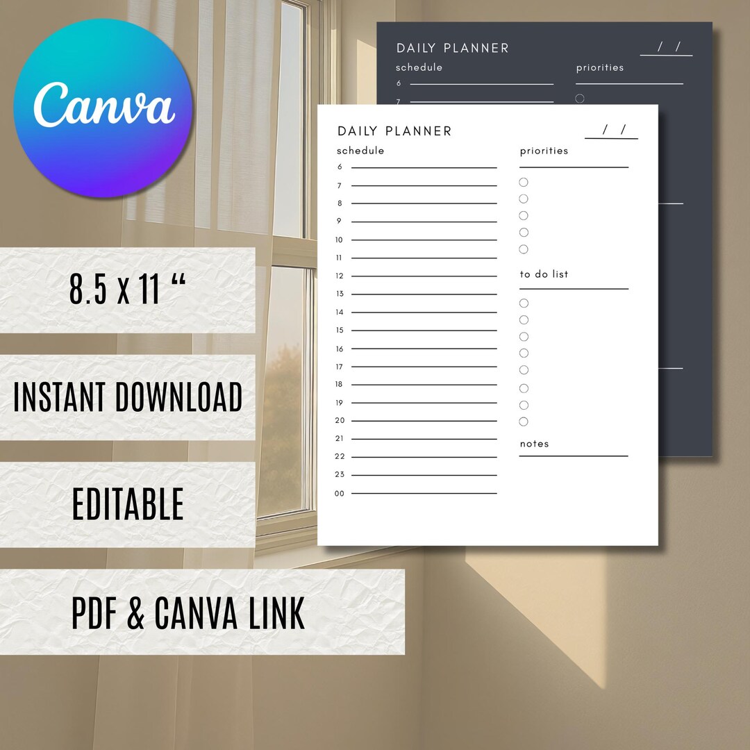 Minimalist Daily Planner, Hourly Schedule, Editable Canva Template ...