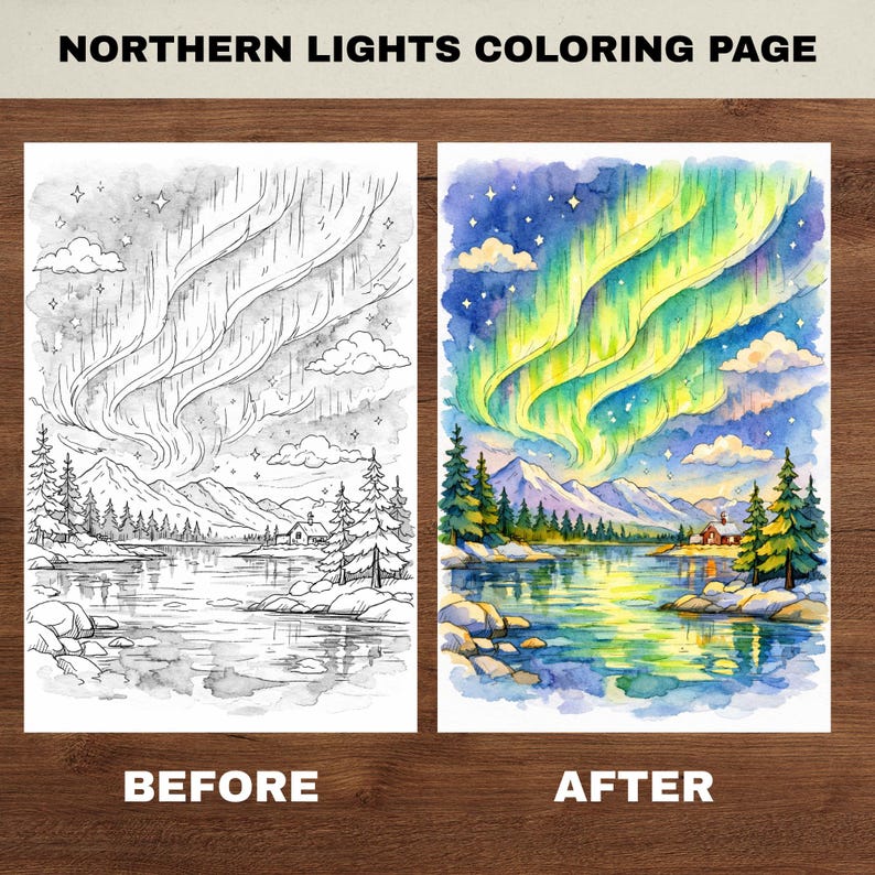 Northern Lights Coloring Page | Aurora Borealis Adult Coloring Page ...