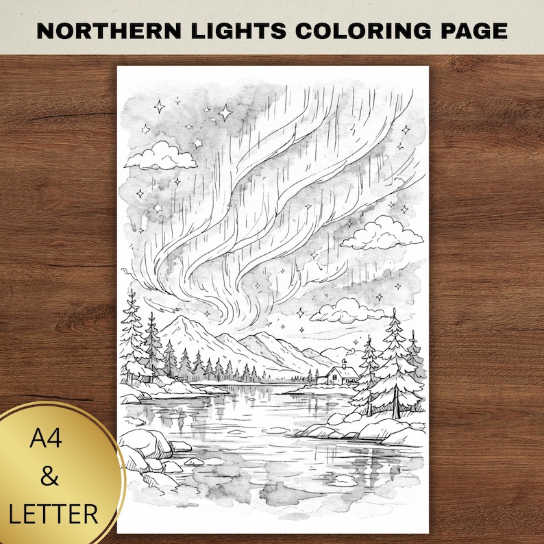 Northern Lights Coloring Page | Aurora Borealis Adult Coloring Page ...