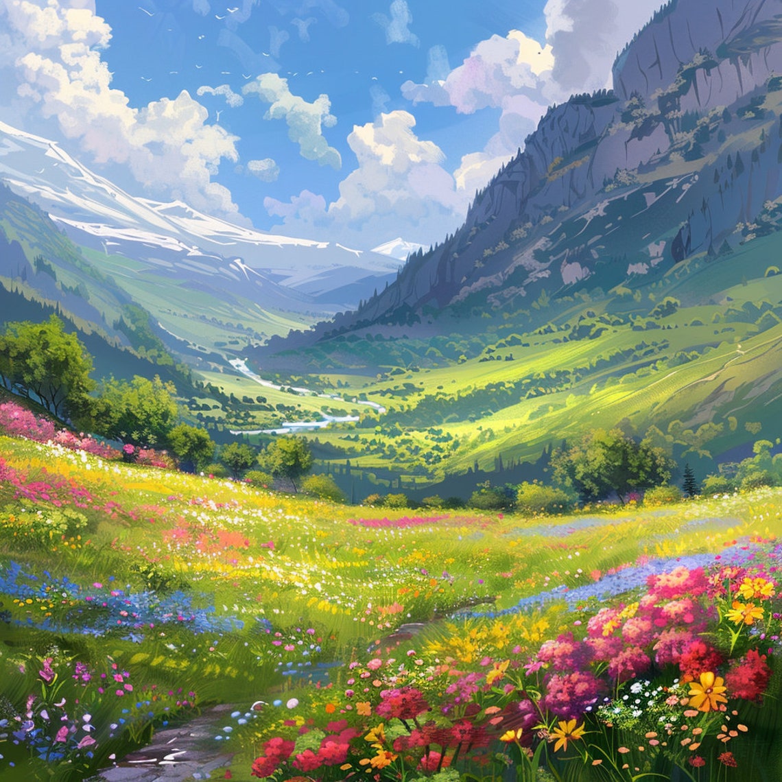 Wonderful Image of a Flowery Mountain Valley - Etsy