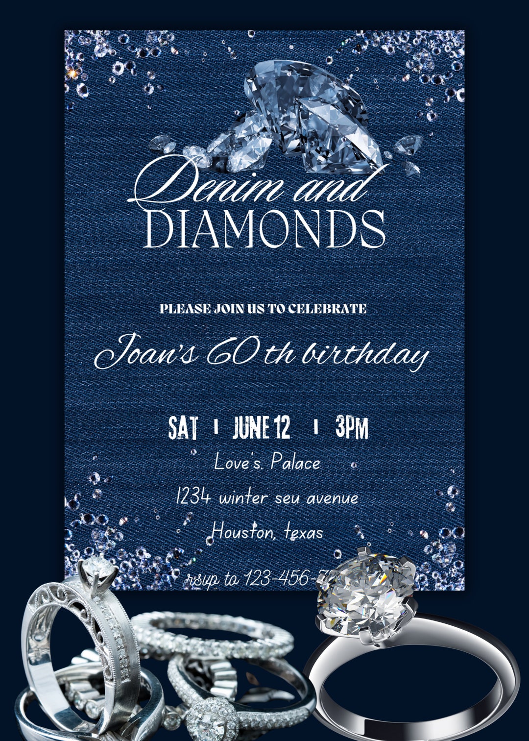 Editable Birthday Invitation, Digital Download Denim and Diamonds ...