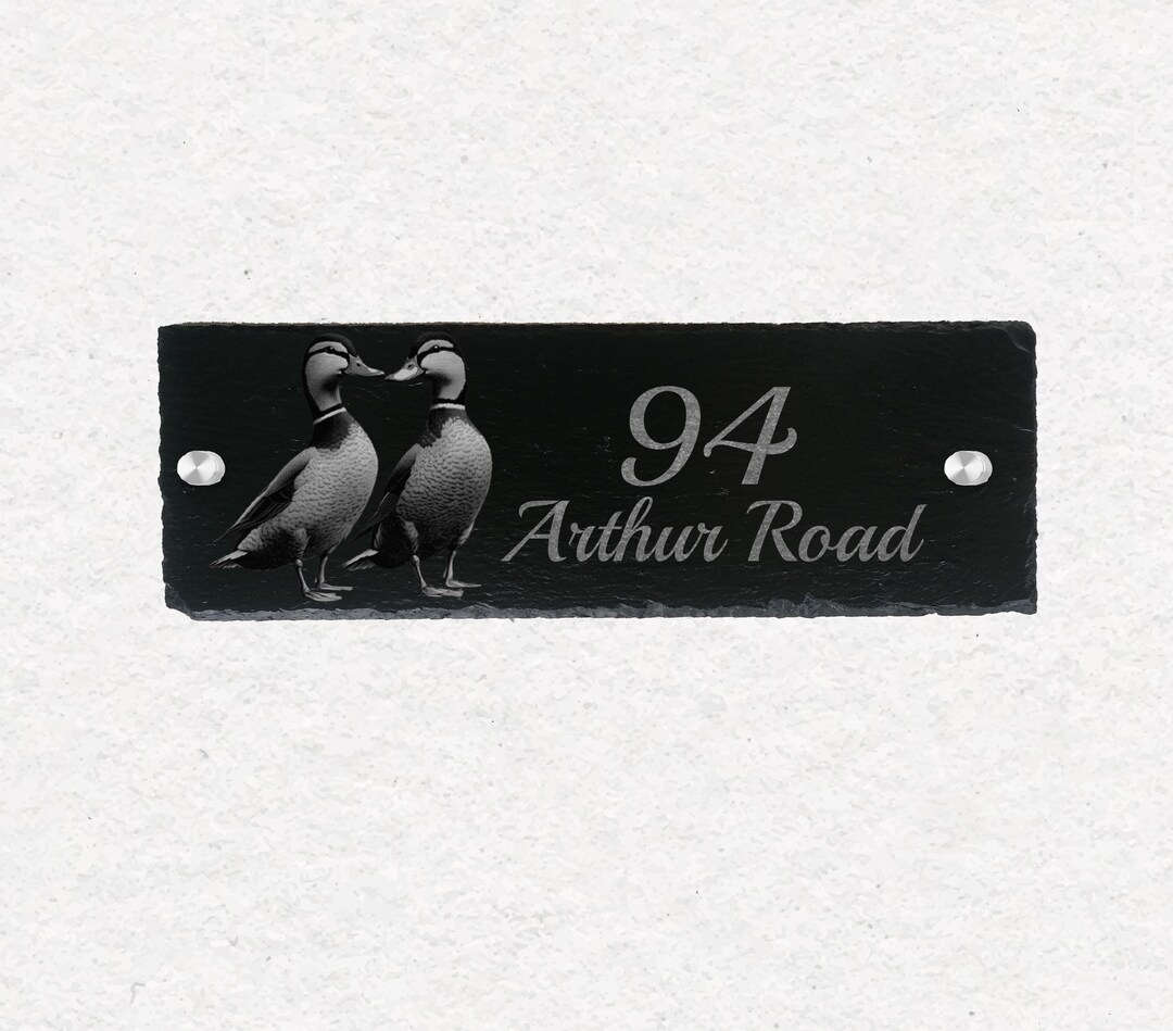 Laser Engraved Slate Two Duck House Sign With Personalised House Number ...