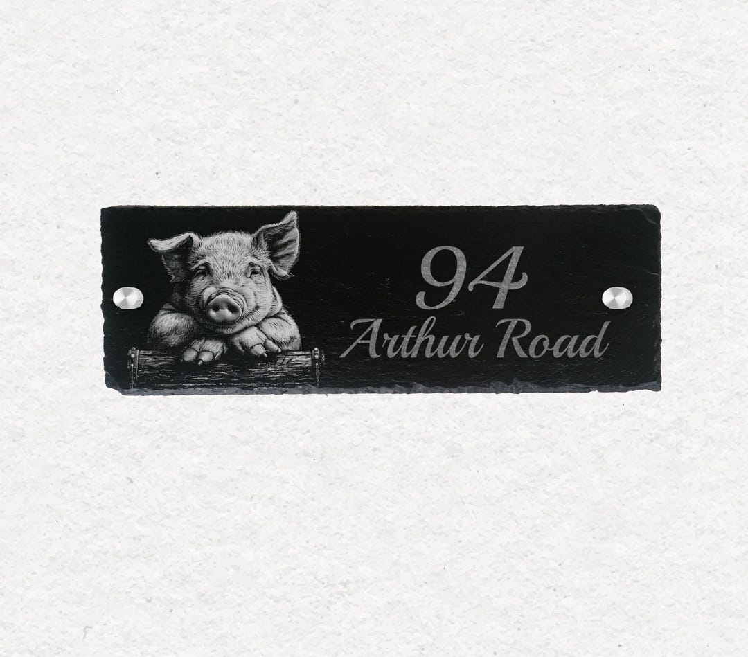 Laser Engraved Pig House Sign - Personalised Slate House Number Plaque ...