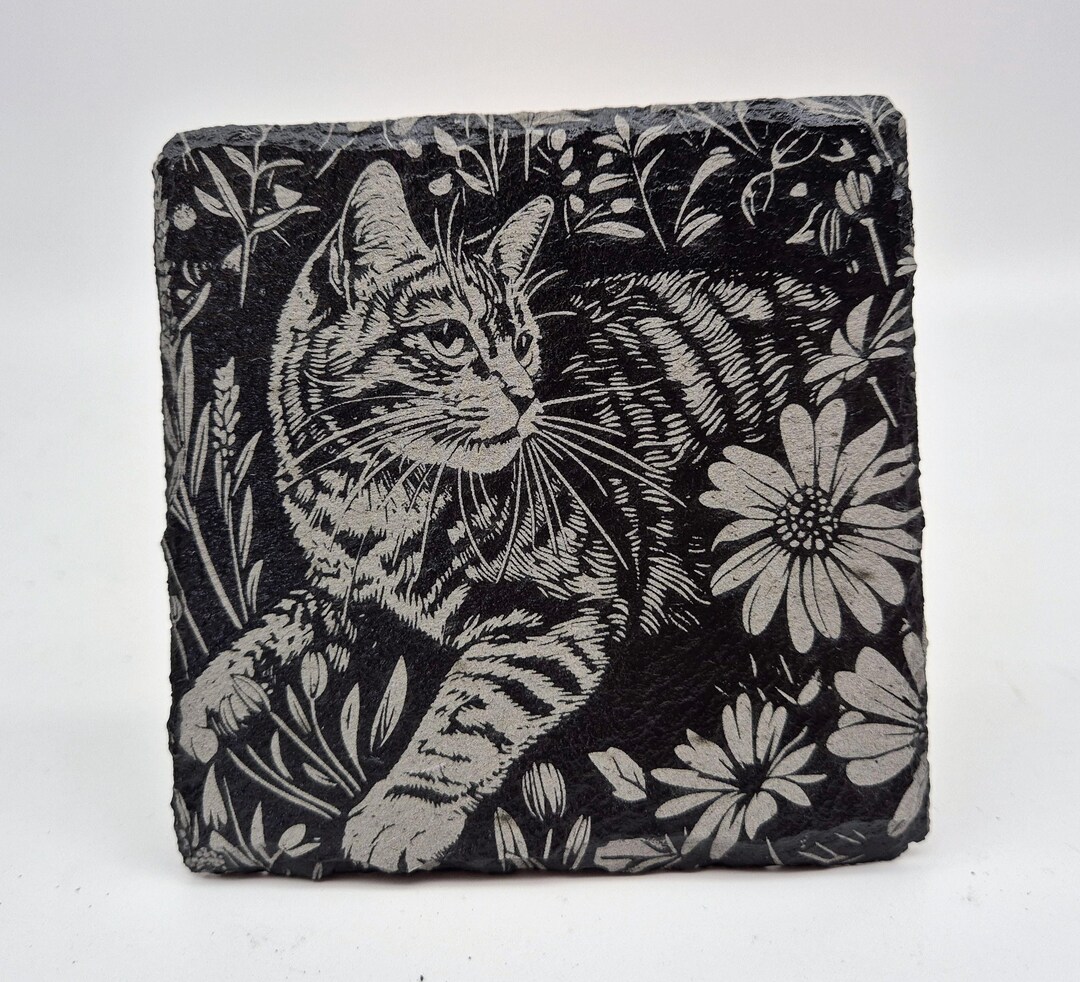 Laser Engraved Cat Slate Coaster - Rustic Drink Coaster - Etsy