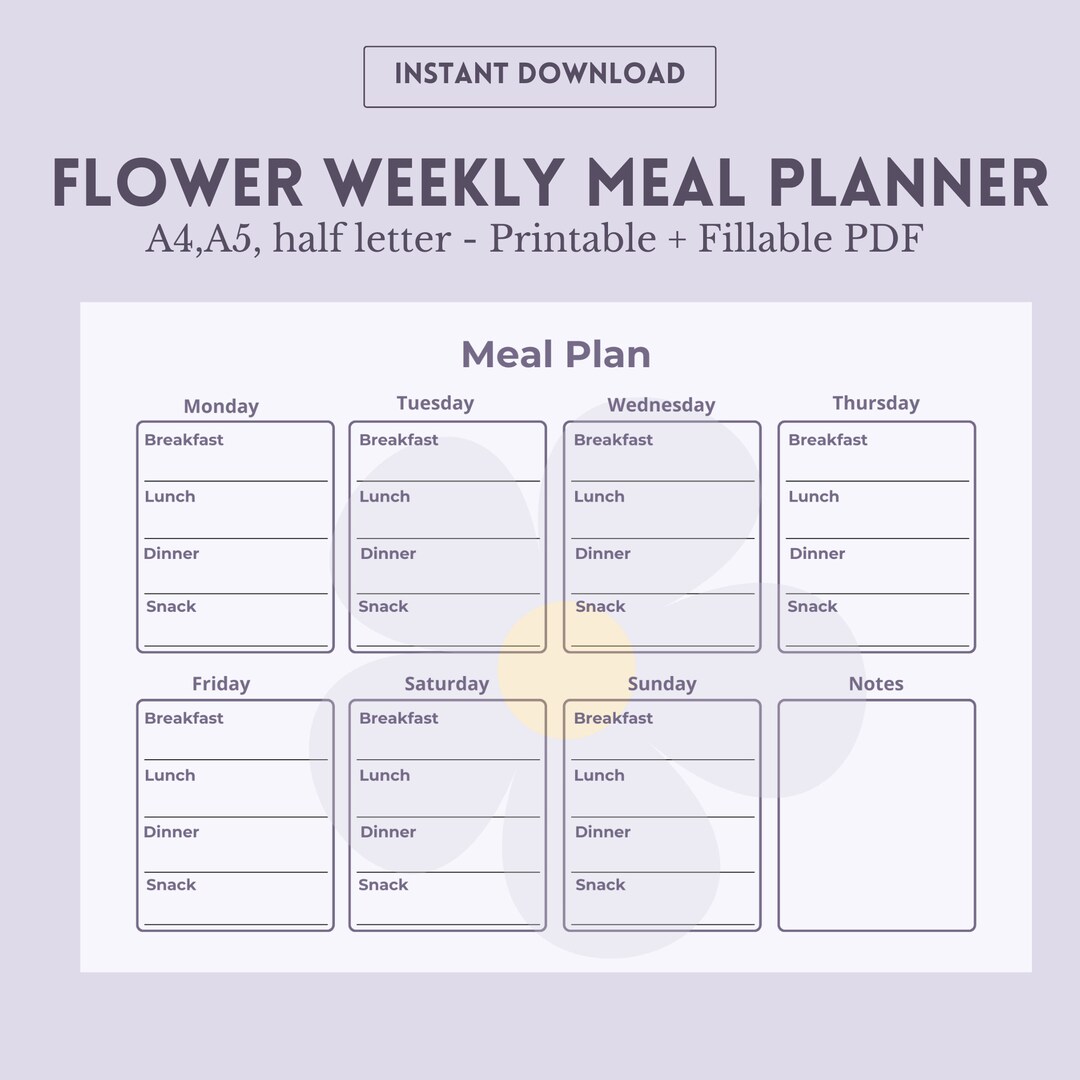 Flower Printable Weekly Meal Planner-landscape Food Diary-meal Tracker ...