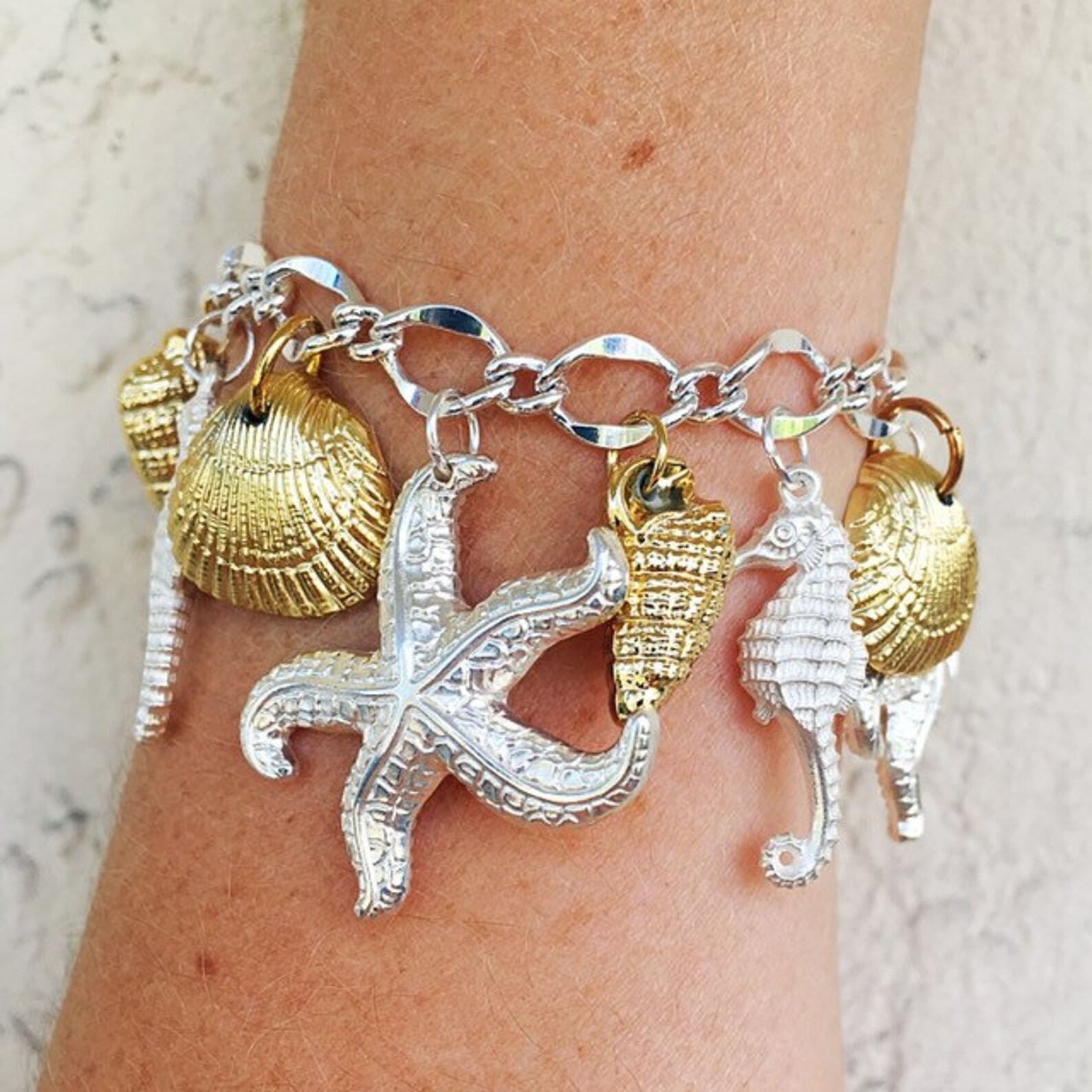 Gold and Silver Plated Sea Shell Acrylic Charm Bracelet - Etsy