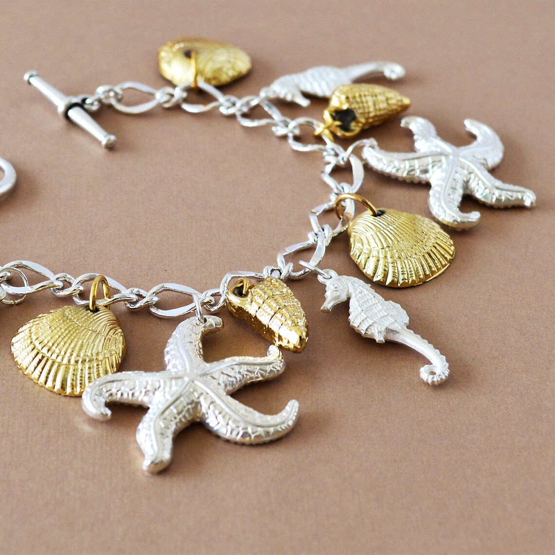 Gold and Silver Plated Sea Shell Acrylic Charm Bracelet - Etsy