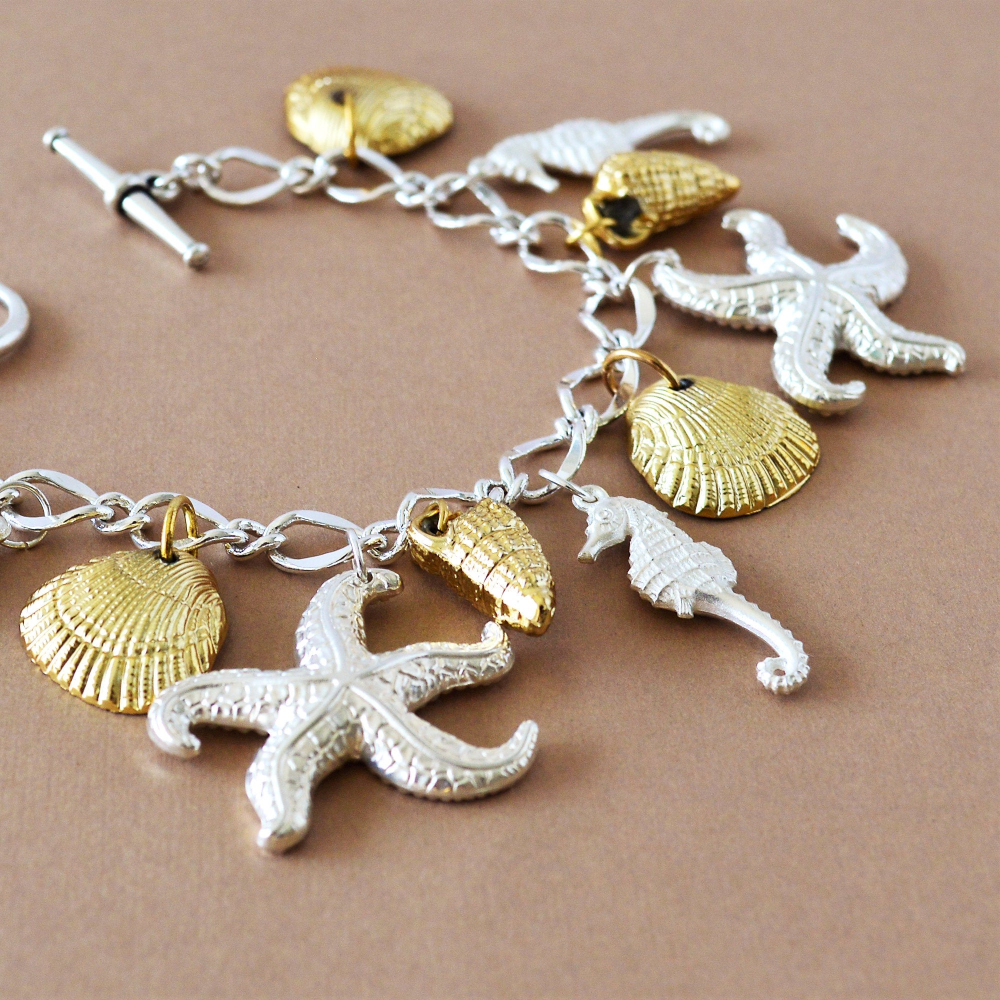 Gold and Silver Plated Sea Shell Acrylic Charm Bracelet - Etsy