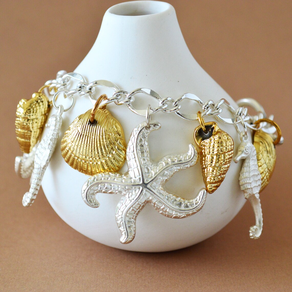 Gold and Silver Plated Sea Shell Acrylic Charm Bracelet - Etsy