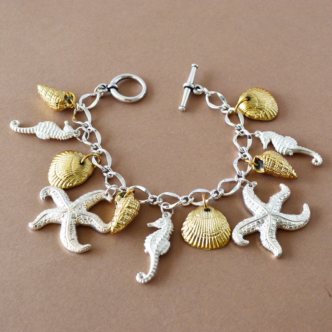 Gold and Silver Plated Sea Shell Acrylic Charm Bracelet - Etsy