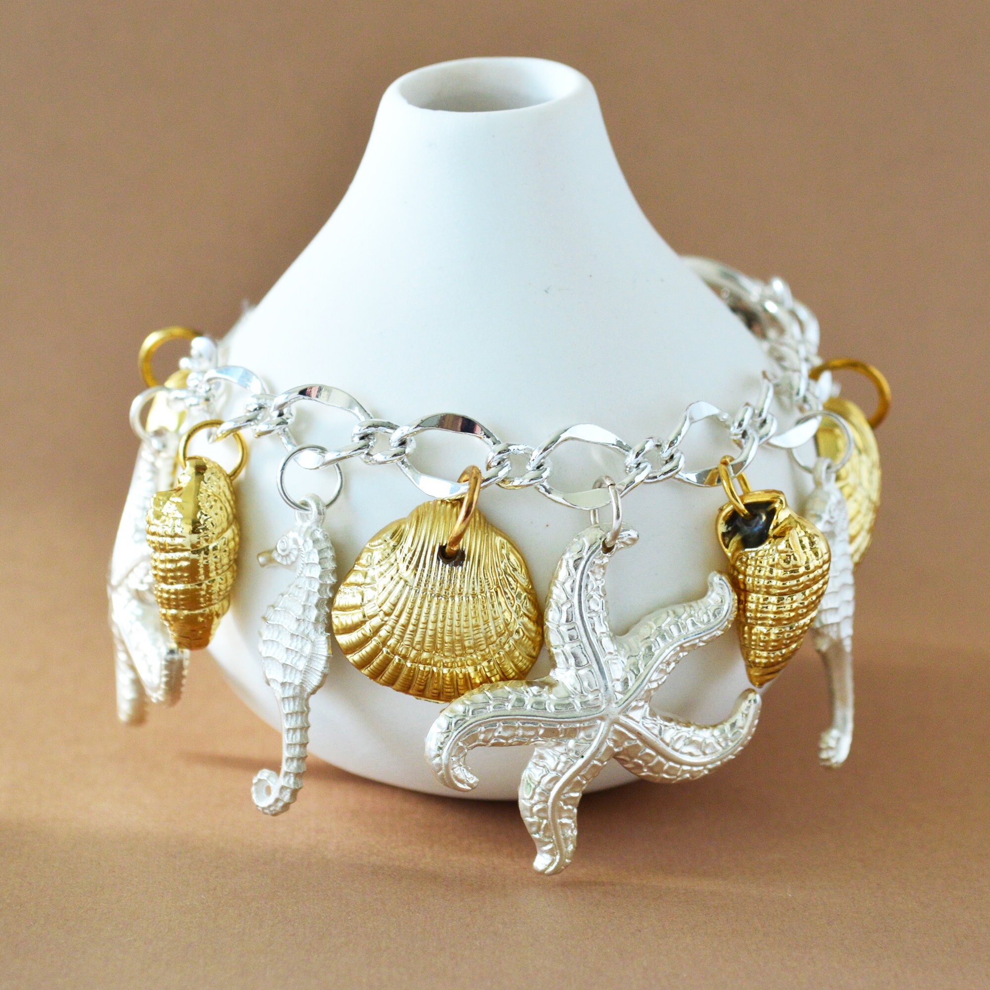 Gold and Silver Plated Sea Shell Acrylic Charm Bracelet - Etsy