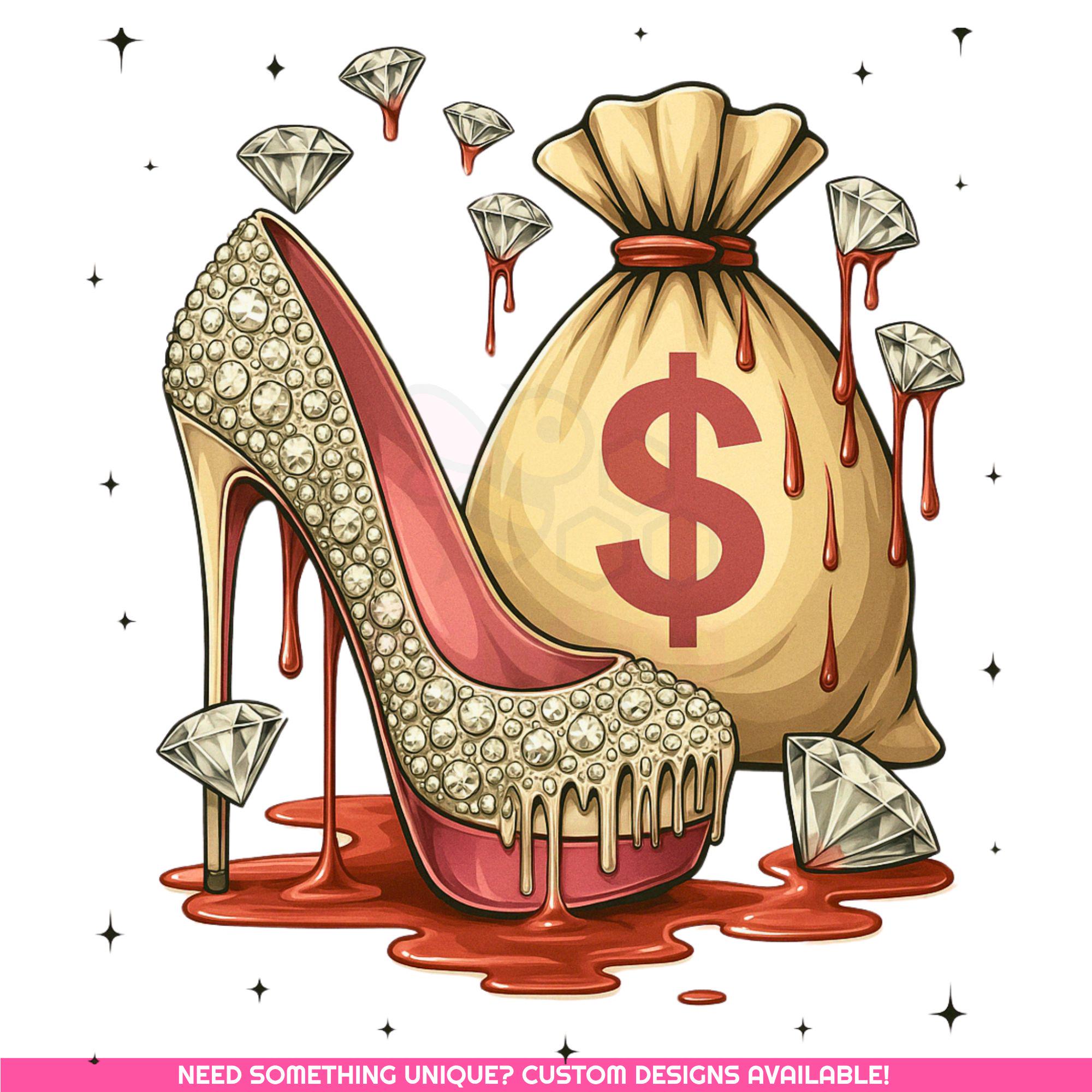 Luxury Money Bag and Diamond Heel PNG, Glamorous Dripping Shoe Clipart ...