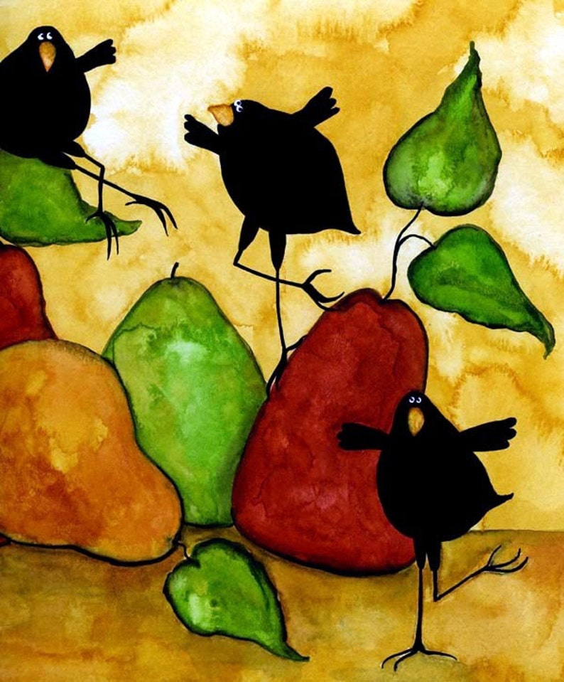 Farmhouse Crow Raven Blackbird Pear Fruit Debi Hubbs Folk Art Kitchen ...