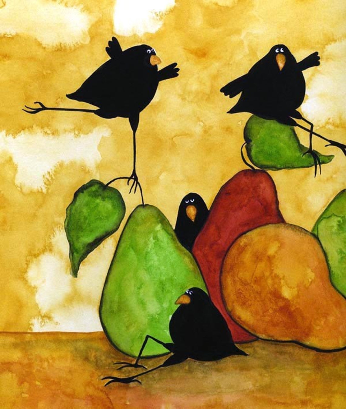 Farmhouse Crow Raven Blackbird Pear Fruit Debi Hubbs Folk Art Kitchen ...