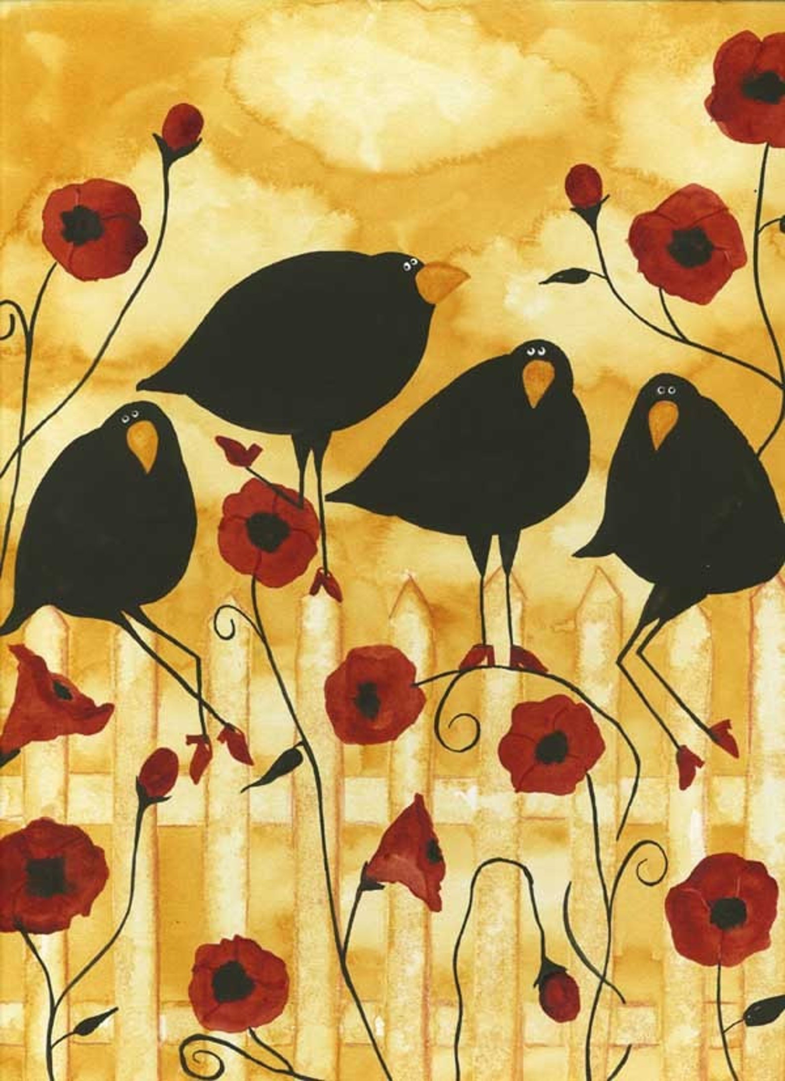 Farmhouse Poppy Flowers Crow Blackbird Raven Debi Hubbs Folk Art ...