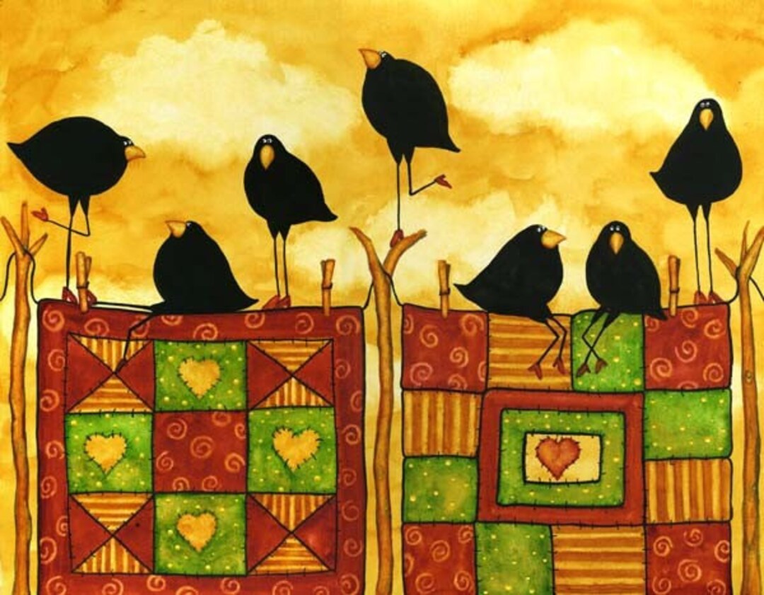 Farmhouse Quilt Crow Blackbird Raven Whimsical Debi Hubbs Folk Art ...