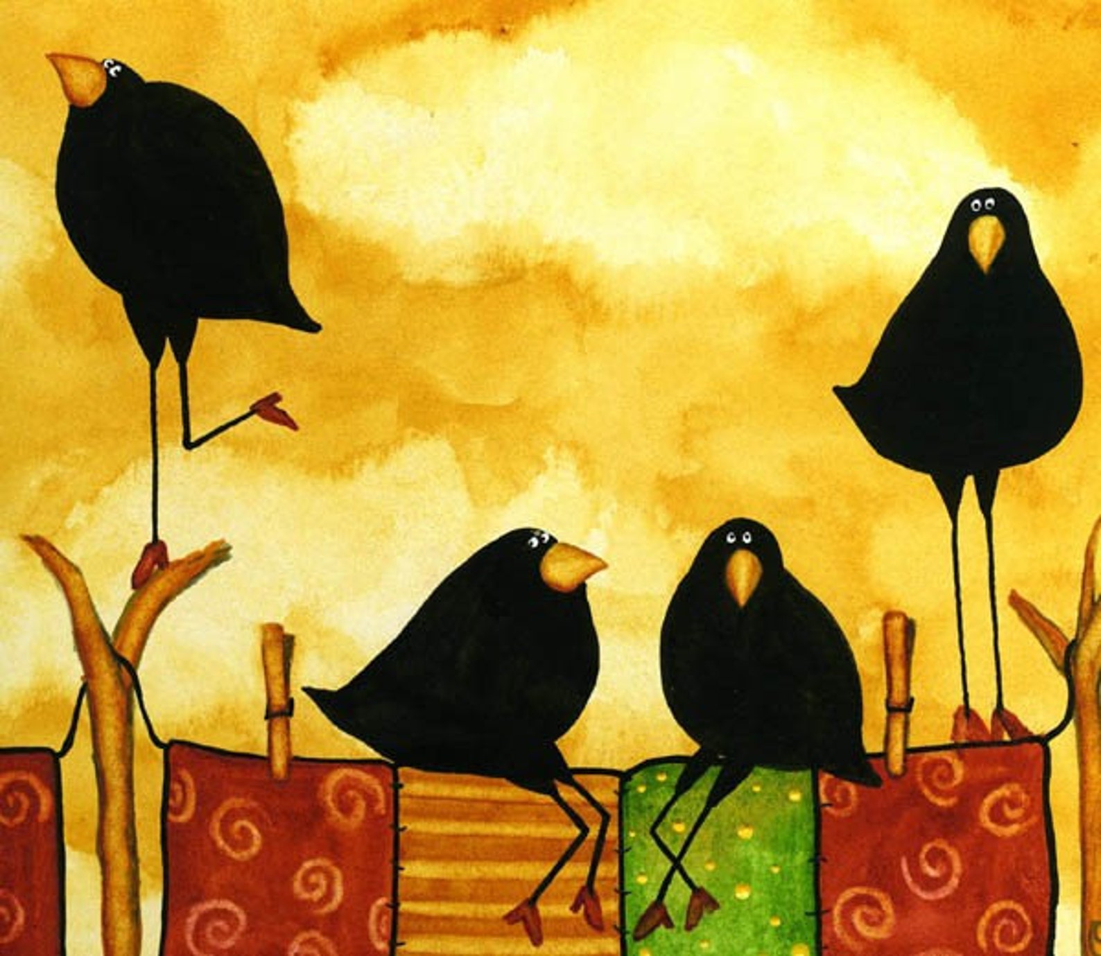 Farmhouse Quilt Crow Blackbird Raven Whimsical Debi Hubbs Folk Art ...