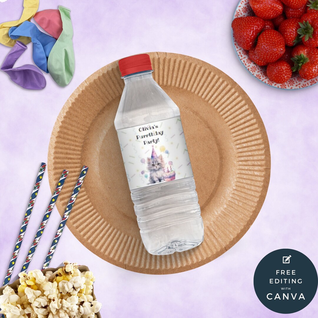 Editable Water Bottle Labels Cat Party Theme, Water Bottle Wrappers for ...