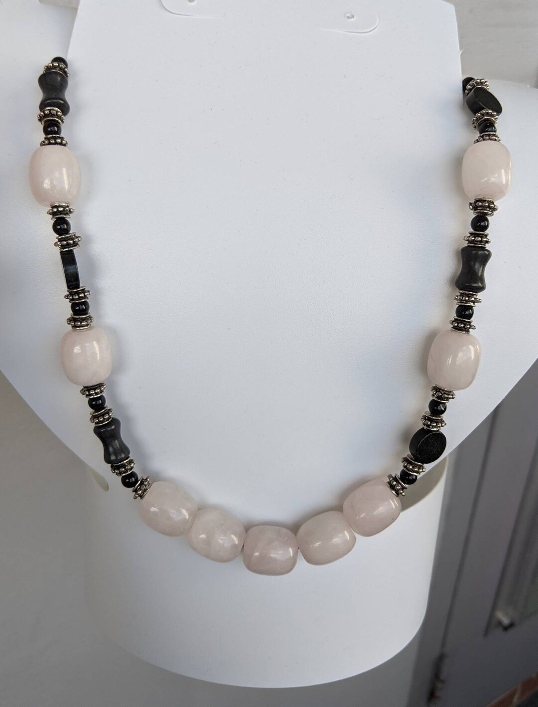 Rose Quartz, Blackstone and Silver Necklace - Etsy