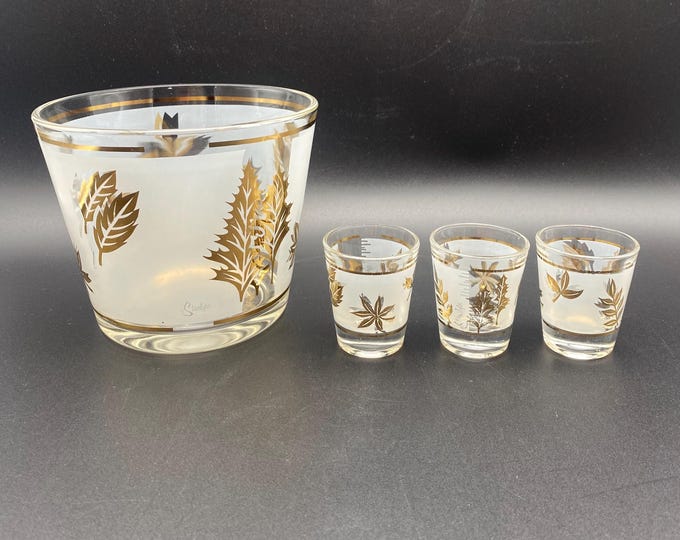 Libbey Starlyte Ice Bucket Set | Vintage Gold Leaf Shot Glasses - Etsy