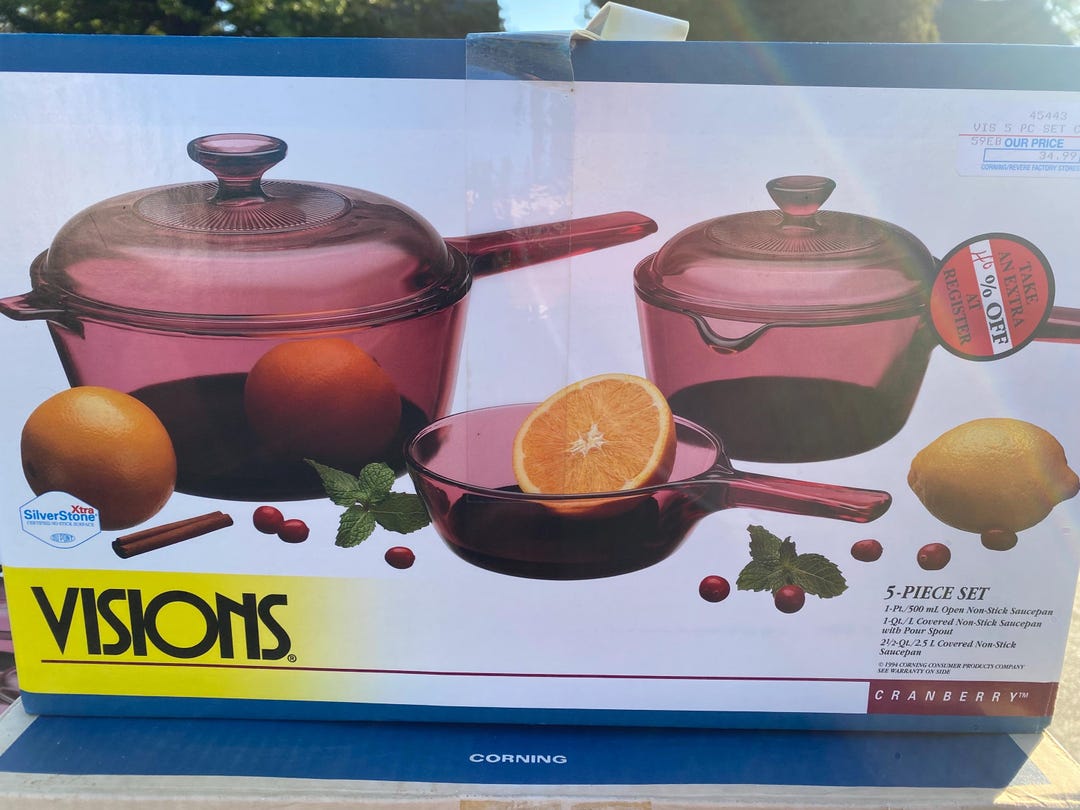 New in Box Vintage Corning Pyrex Cranberry VISIONS 5-piece Cookware Set ...