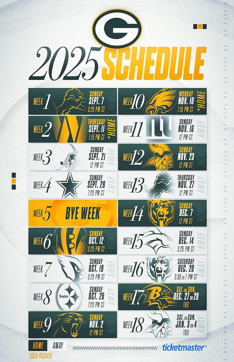 Green Bay Packers 2025 Schedule Poster 11 X 17" - Etsy