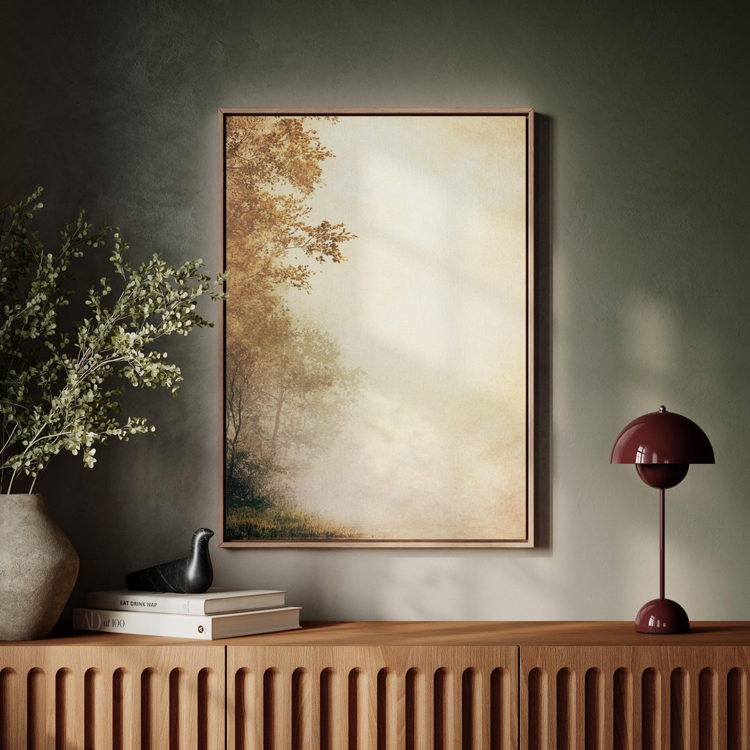 Golden Autumn Mist Landscape Wall Art, Minimalist Tree Print, Rustic ...