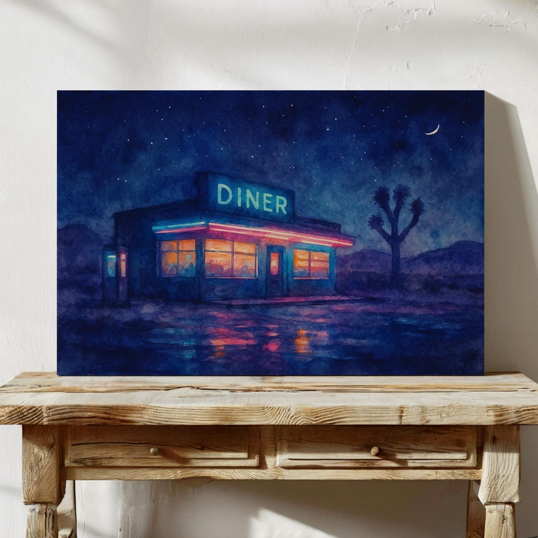 Retro Neon Diner Night Scene Print – Moody Desert Highway Art With ...