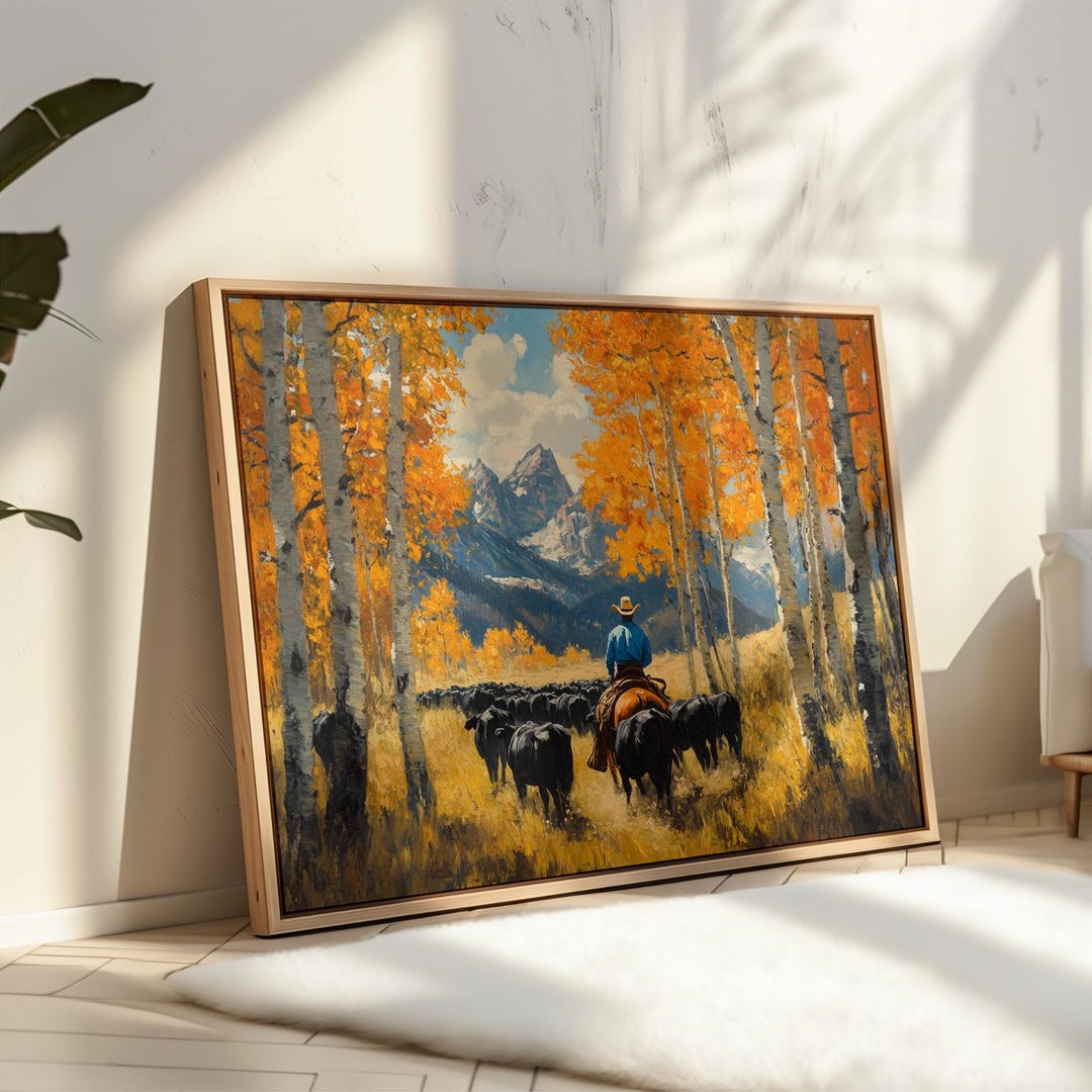 Cowboy Cattle Drive Art Print – Western Ranch Landscape, Rustic Autumn ...