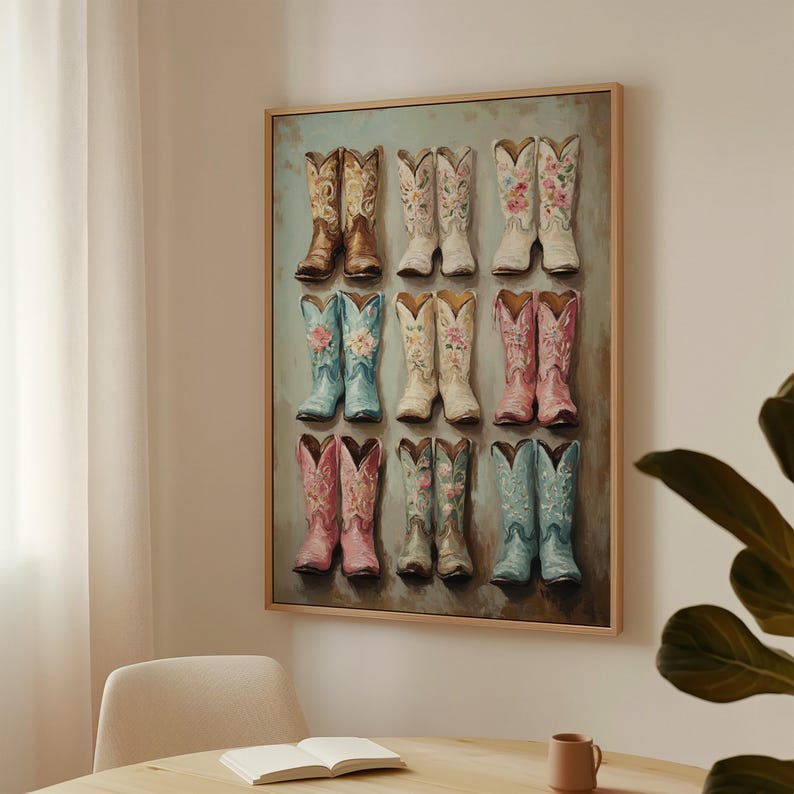 Vintage Floral Cowboy Boots Art Print Western Wall Decor, Country ...
