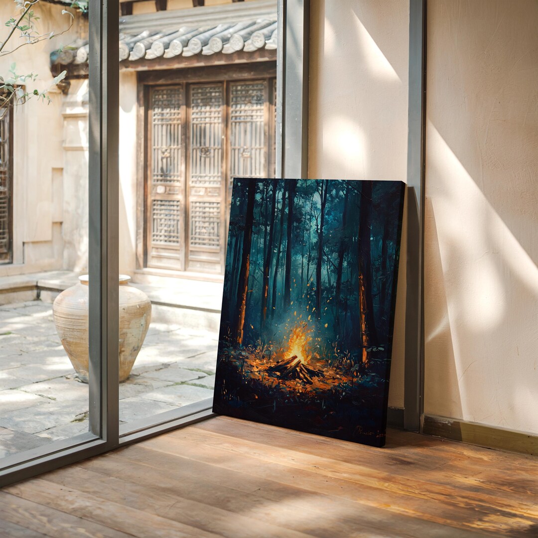 Enchanted Forest Campfire Print – Cozy Night Wilderness Art, Glowing ...