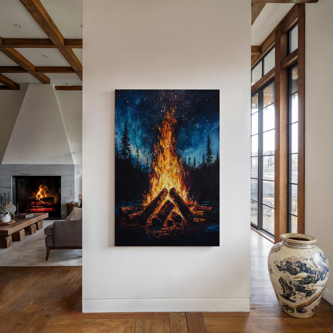 Luminous Campfire Under Starry Sky – Rustic Bonfire Art Print, Outdoor ...
