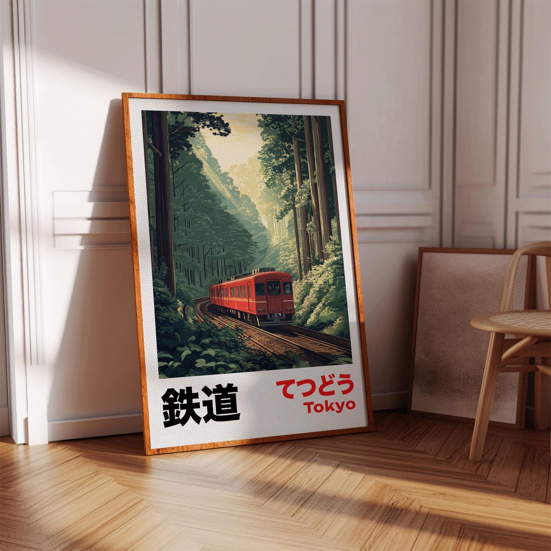 Retro Japanese Railway Poster - Red Train in Lush Forest - Vintage ...