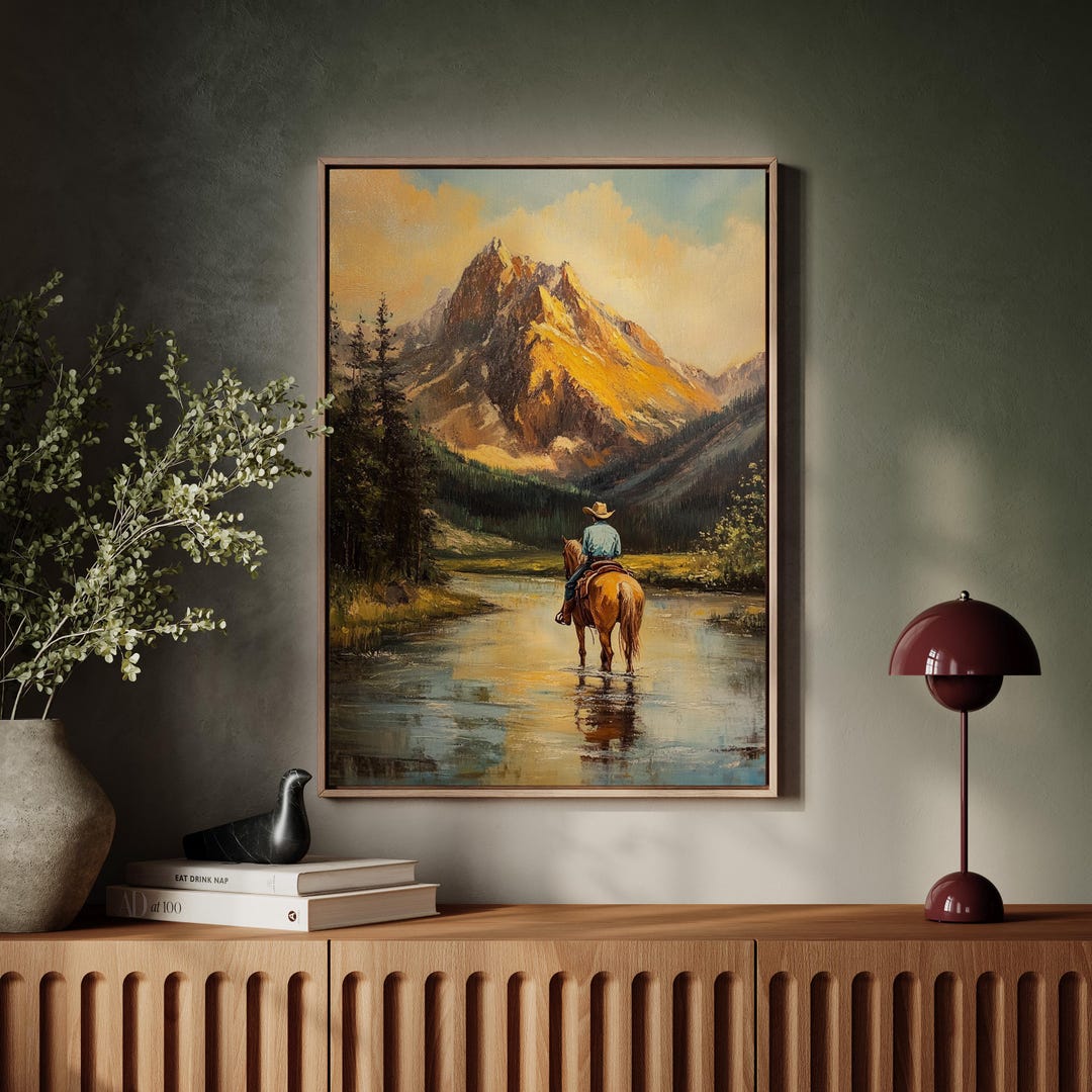 Cowboy Crossing River – Western Landscape Painting, Rustic Mountain ...