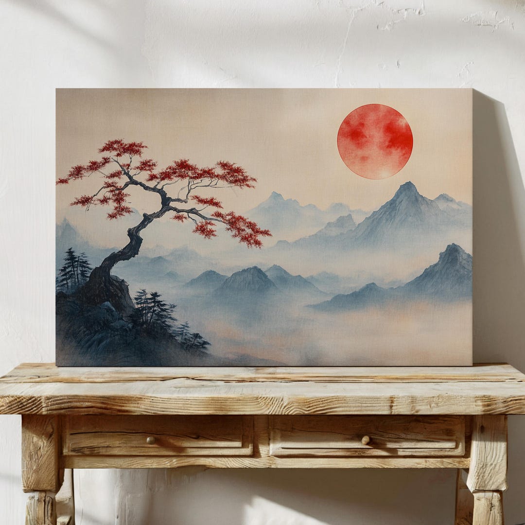 Japanese Sumi-e Landscape Print, Red Sun and Mountain Art, Zen Wall ...