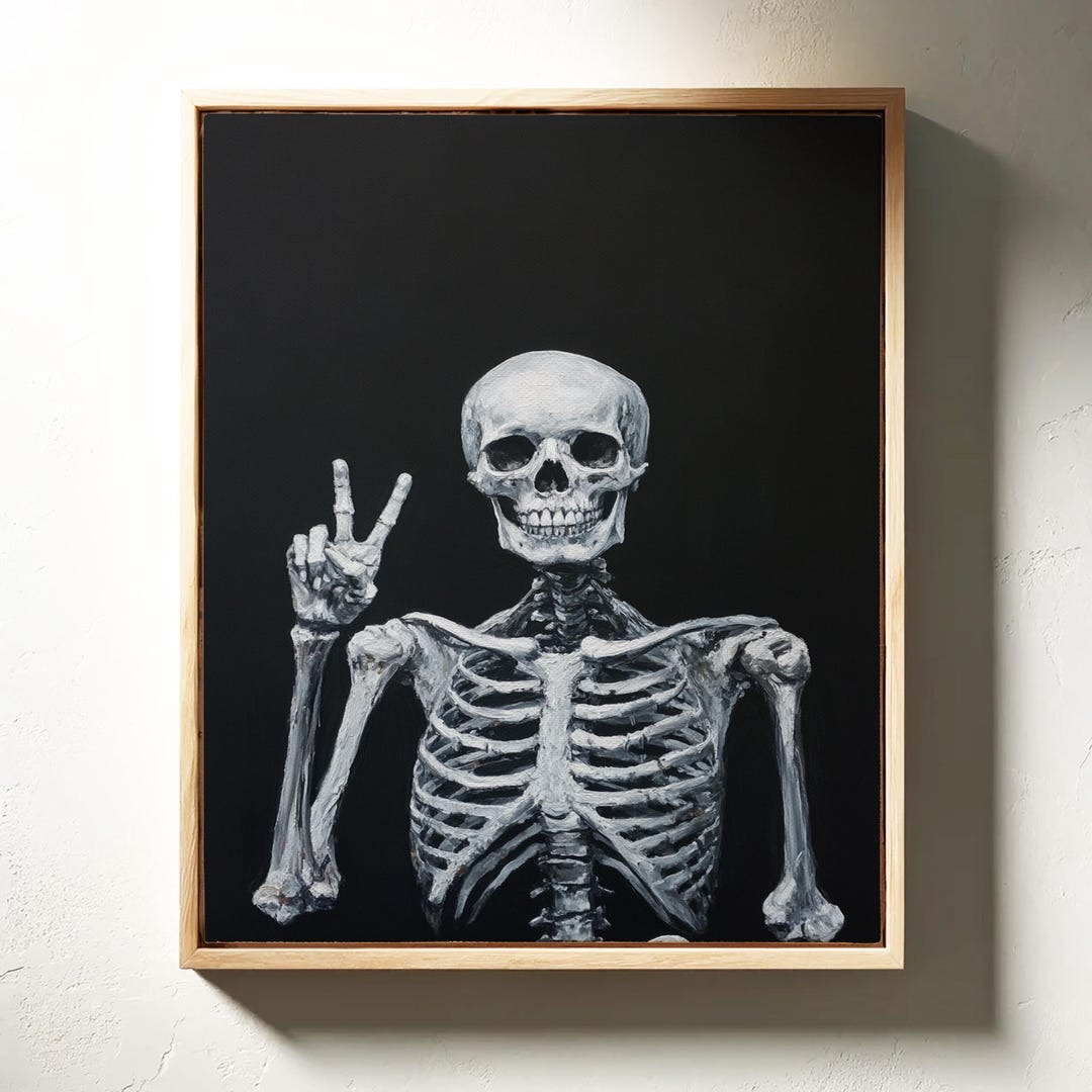 Grinning Skeleton With Peace Sign on Dark Background – Modern Gothic ...
