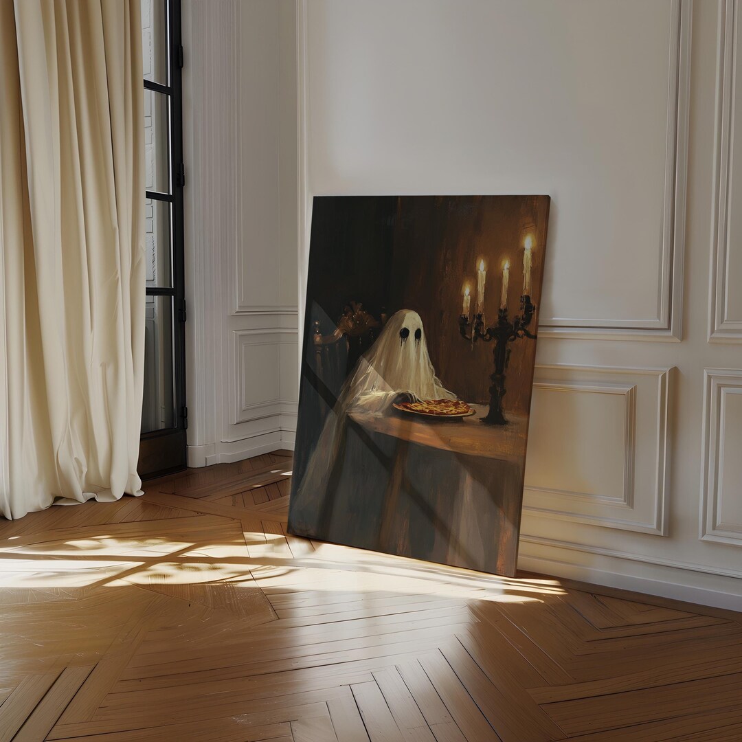 Haunted Ghost Eating Pizza Art, Spooky Halloween Wall Decor, Funny ...