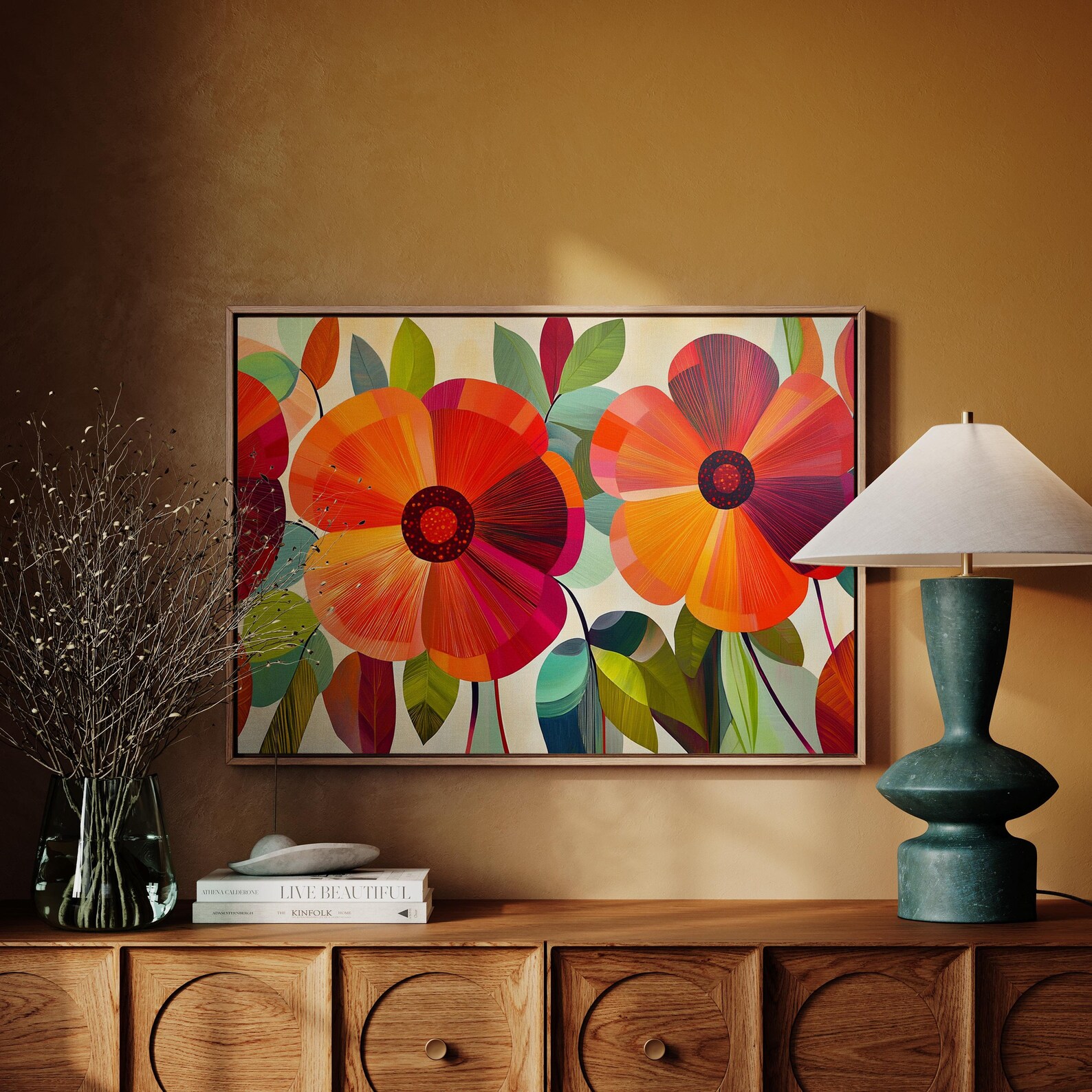 Bold Floral Artwork Featuring Vibrant Red and Orange Flowers With ...