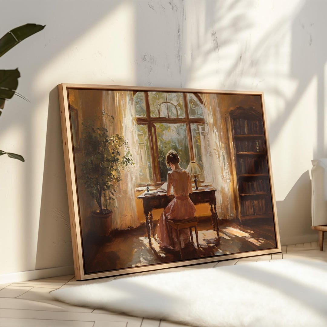 Vintage Woman Writing at Desk Art Print – Elegant Sunlit Room Scene ...
