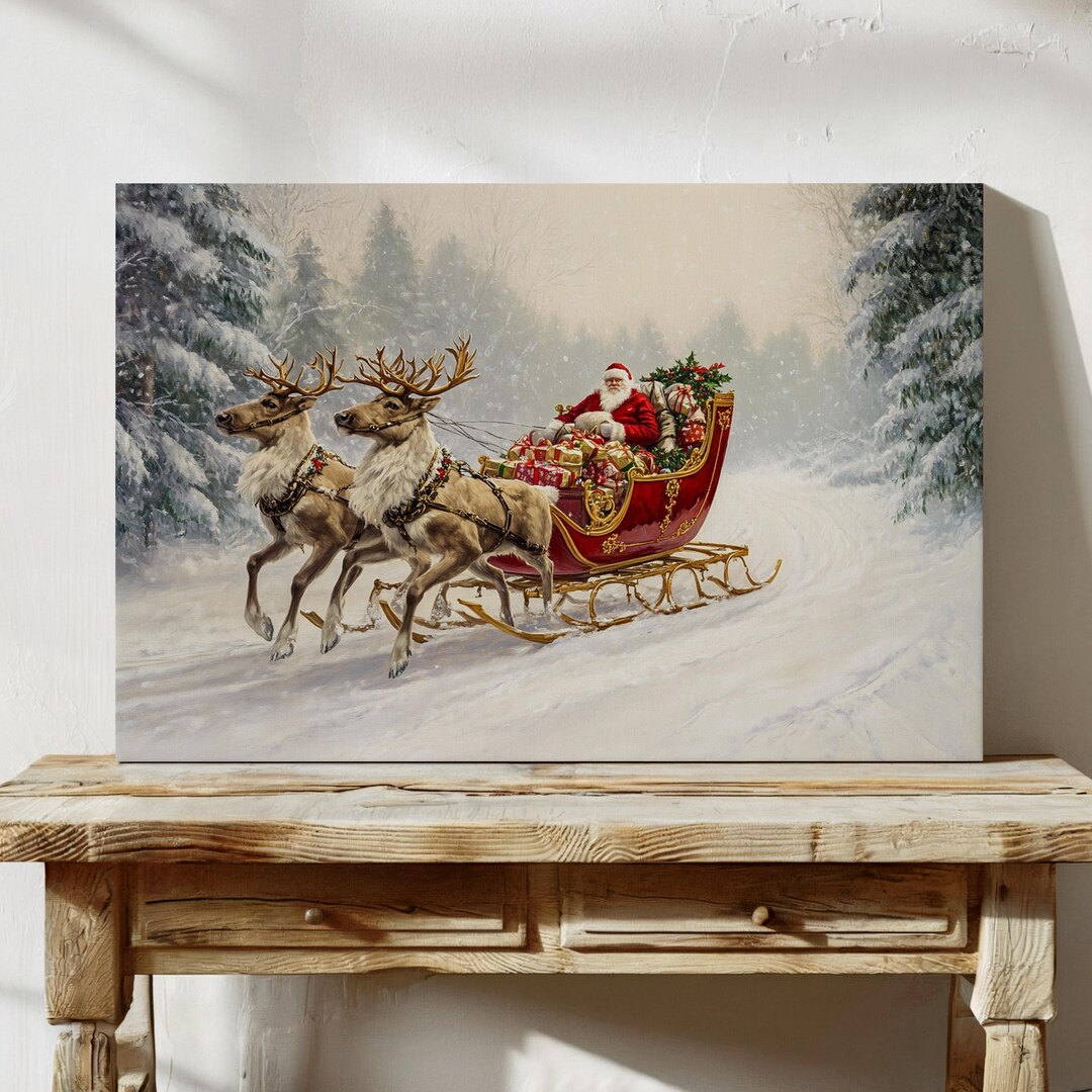 Santa Sleigh Ride Christmas Art Print, Festive Holiday Decor, Classic ...