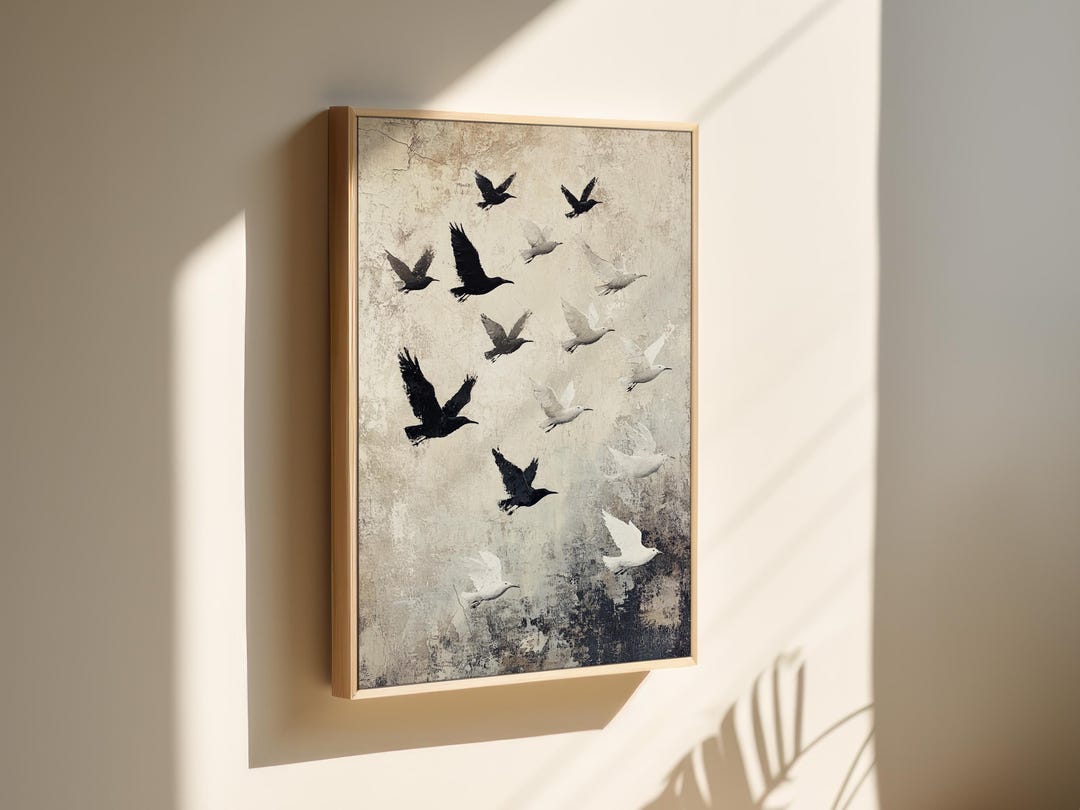 Black and White Bird Wall Art – Contrast Crow and Dove Print, Symbolic ...