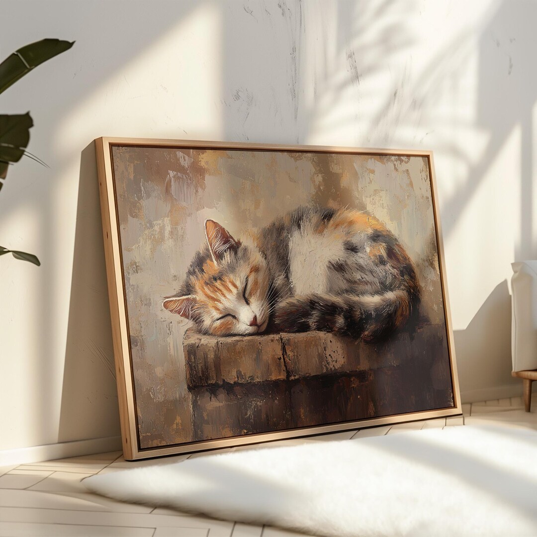 Cozy Calico Cat Sleeping Art Print, Rustic Pet Wall Decor, Realistic ...