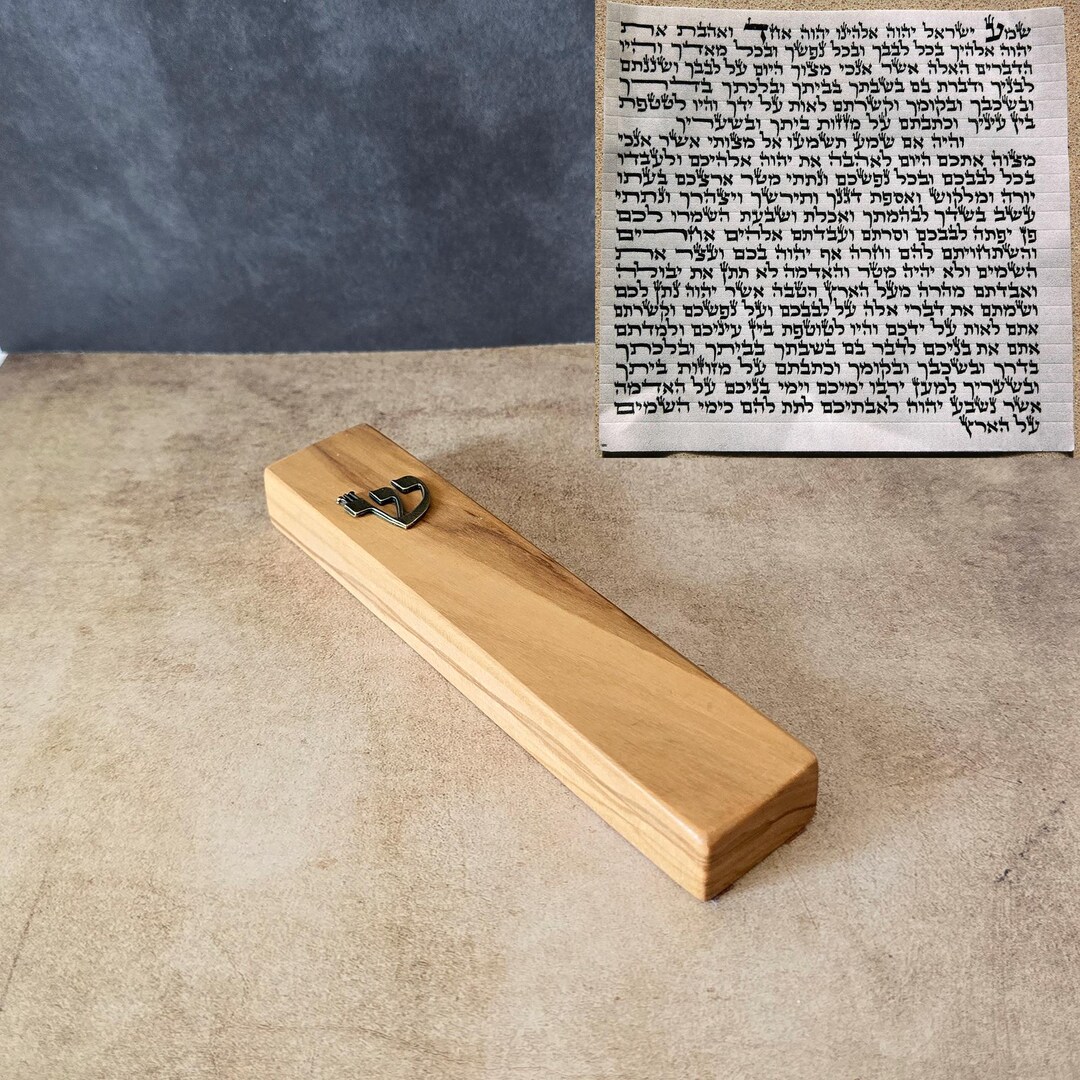 Handcrafted Olive Wood Mezuzah With Scroll & Bronze Shin - Jewish Home ...