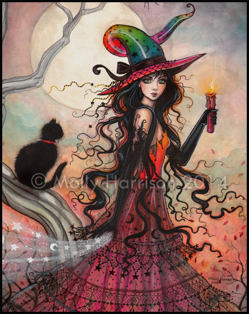 October Flame Halloween Witch and Black Cat Giclee Print of - Etsy