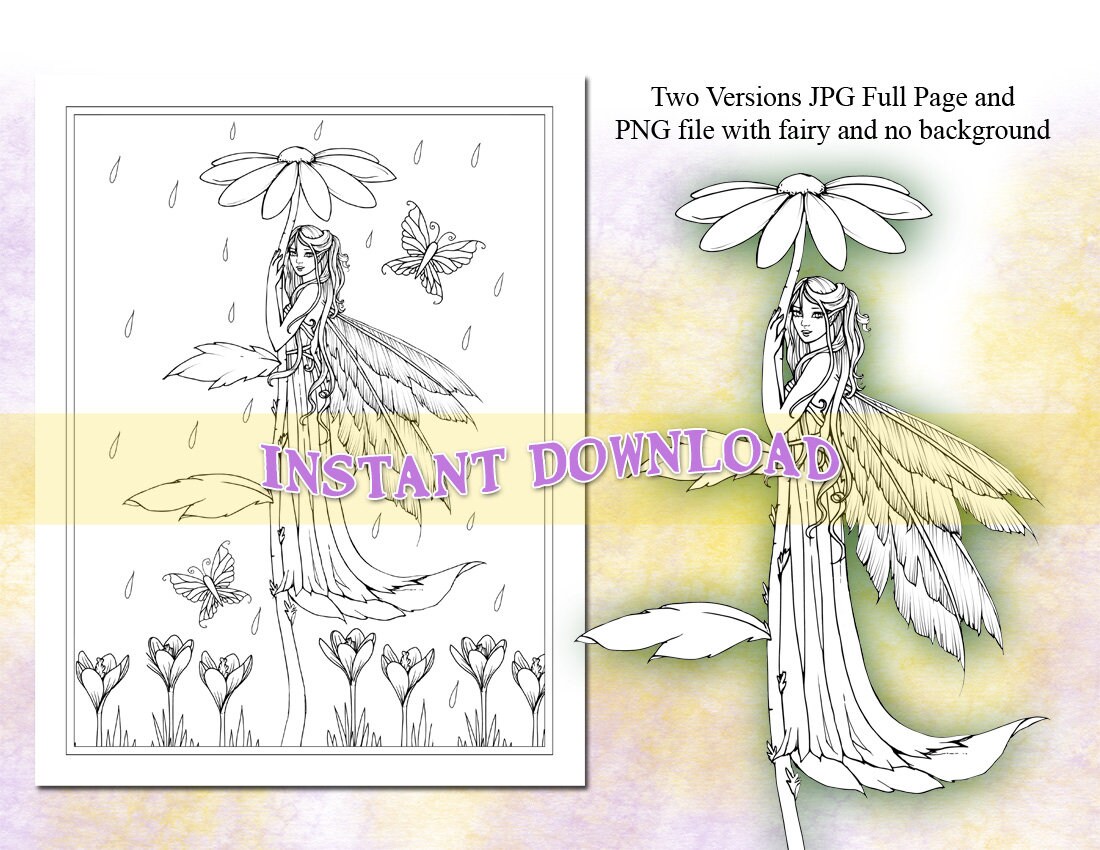 Fairy Coloring Page Spring Rain Two Files JPG and PNG - Etsy Ireland
