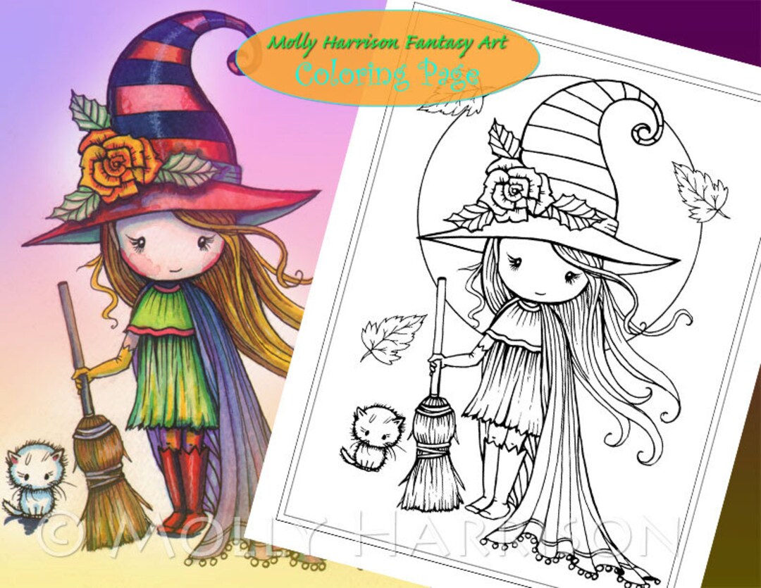 Little Halloween Witch With Broom Digital Stamp Printable Molly ...